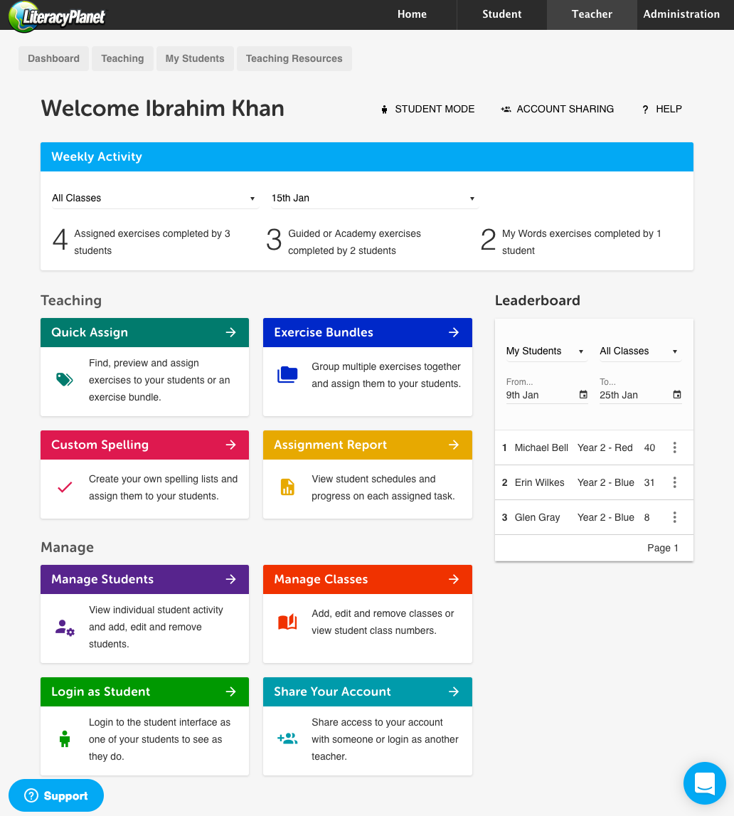 New Teacher Dashboard | LiteracyPlanet